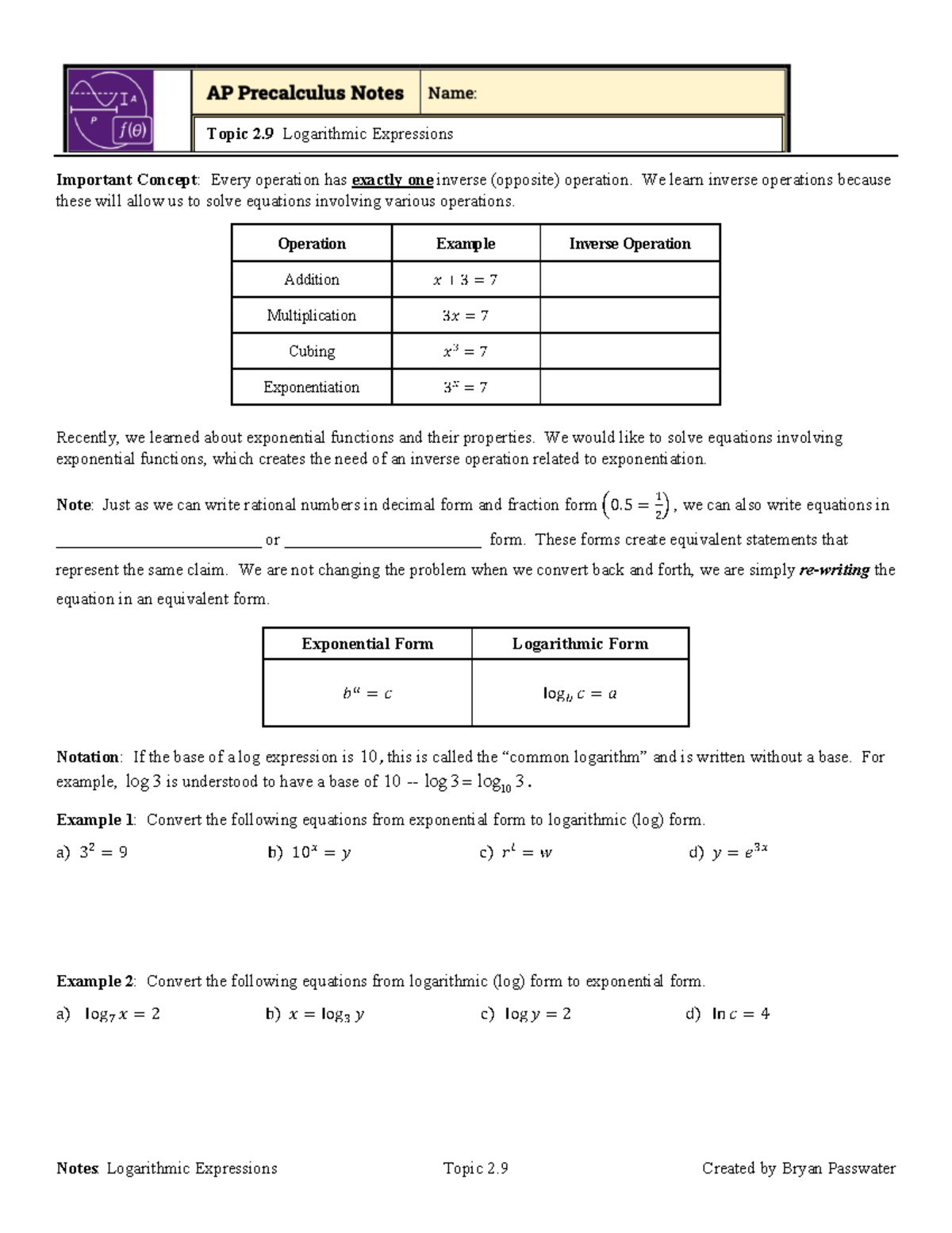 Logarithmic Expressions: Notes & Practice for Topic 2.9 - Studocu