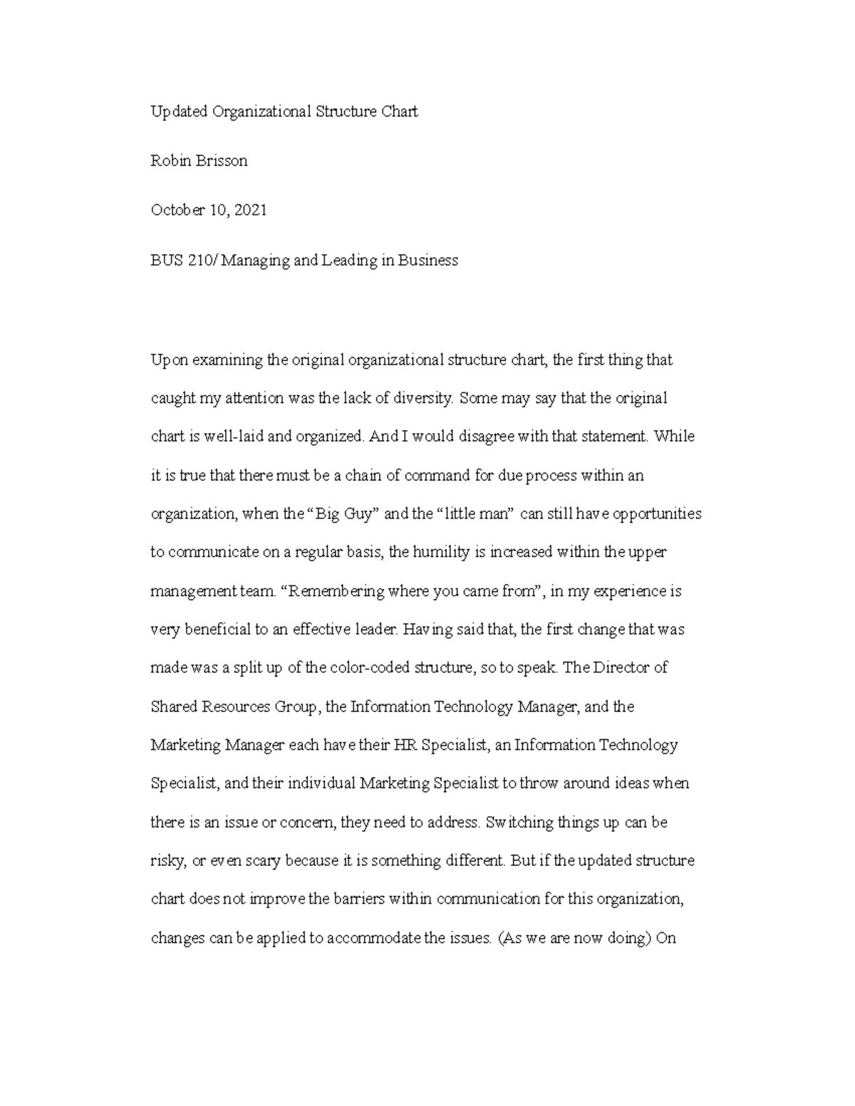 BUS 210 Module 6 Assignment: Updated Org Structure Analysis - Studocu
