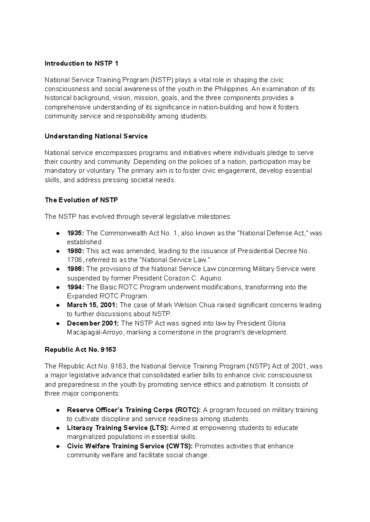National Training Service Program Reviewer - Introduction to NSTP 1 ...