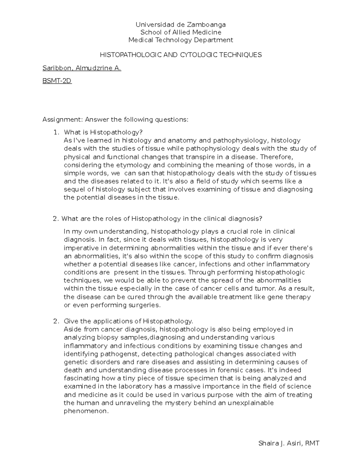 HISTOPATHOLOGIC TECHNIQUES: Insights for ACT 1 Assignment - Studocu