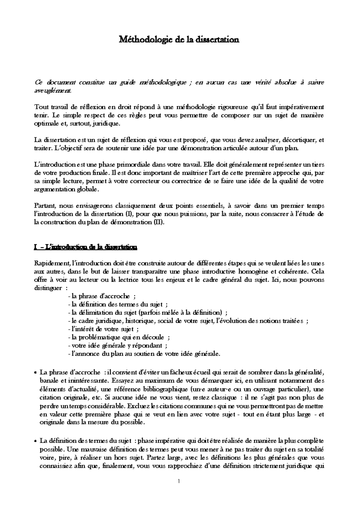 Méthodologie de la Dissertation - Licence 1 Série 1 - Studocu