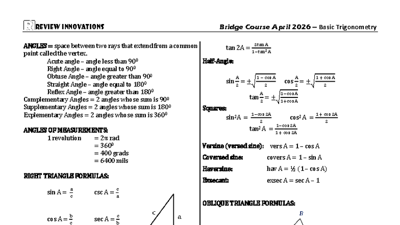 Basic Trigonometry Review for Bridge Course April 2026 - Studocu