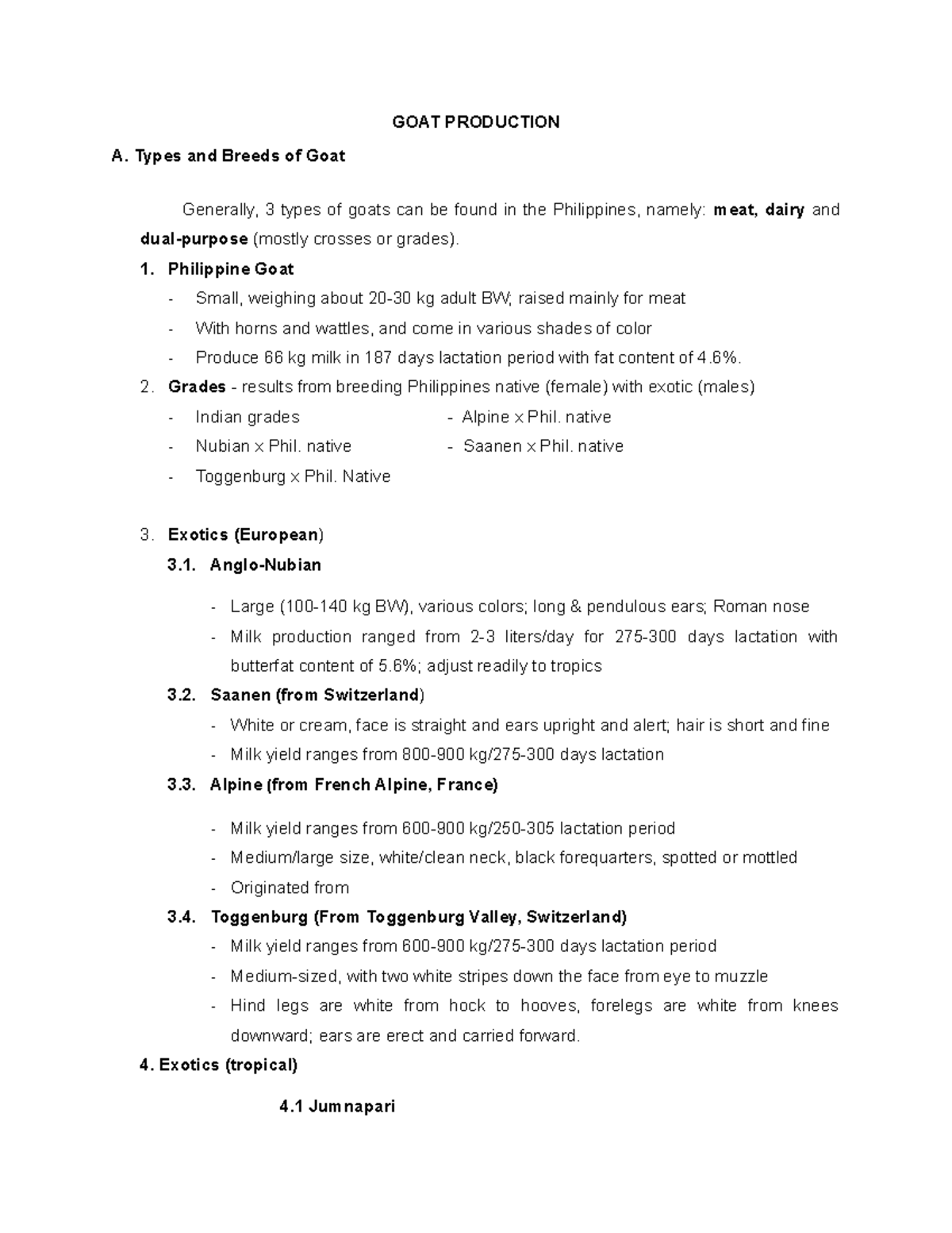GOAT Production: Types, Breeds, and Milk Yield Analysis - Studocu