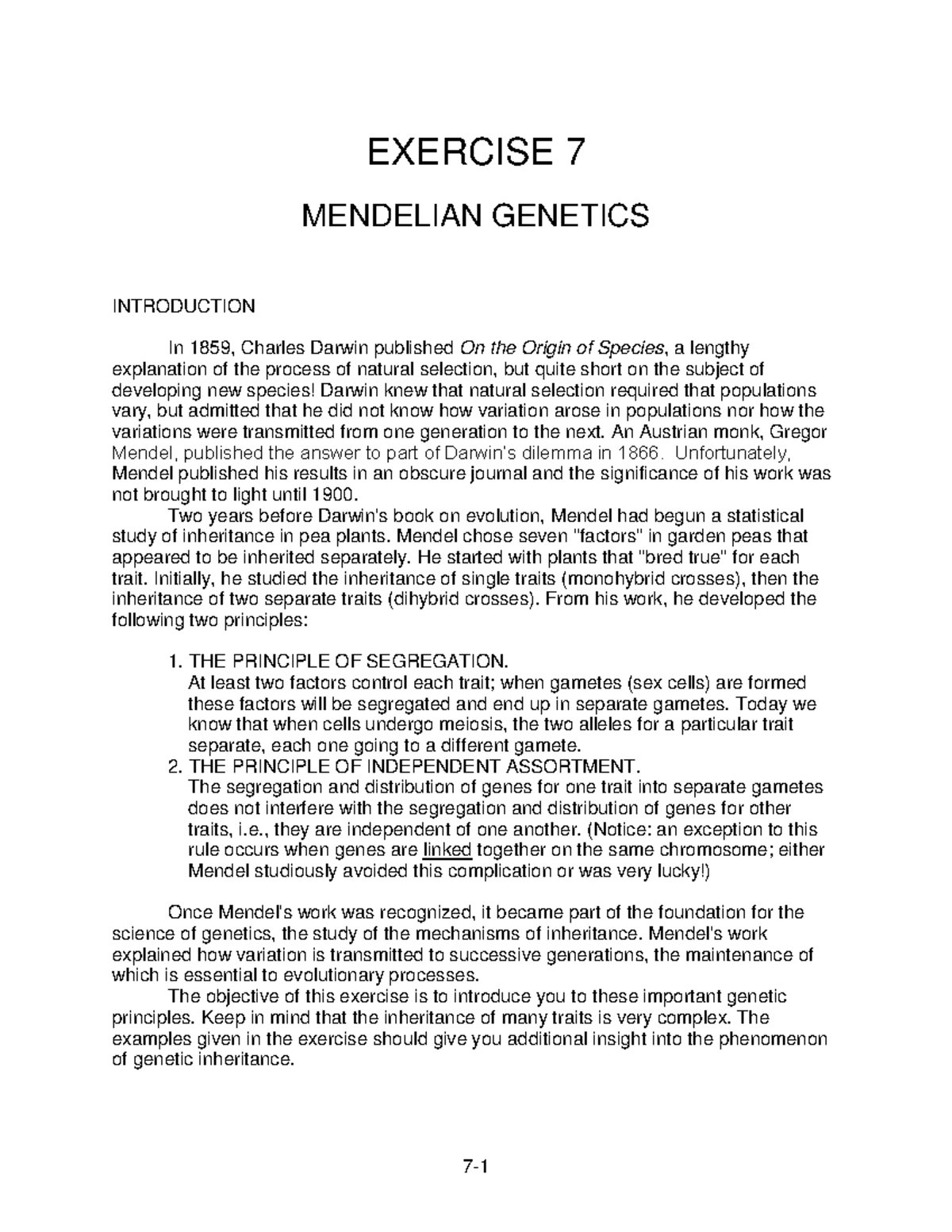 LM EX7 Genetics - Mendelian Principles and Lab Exercises - Studocu