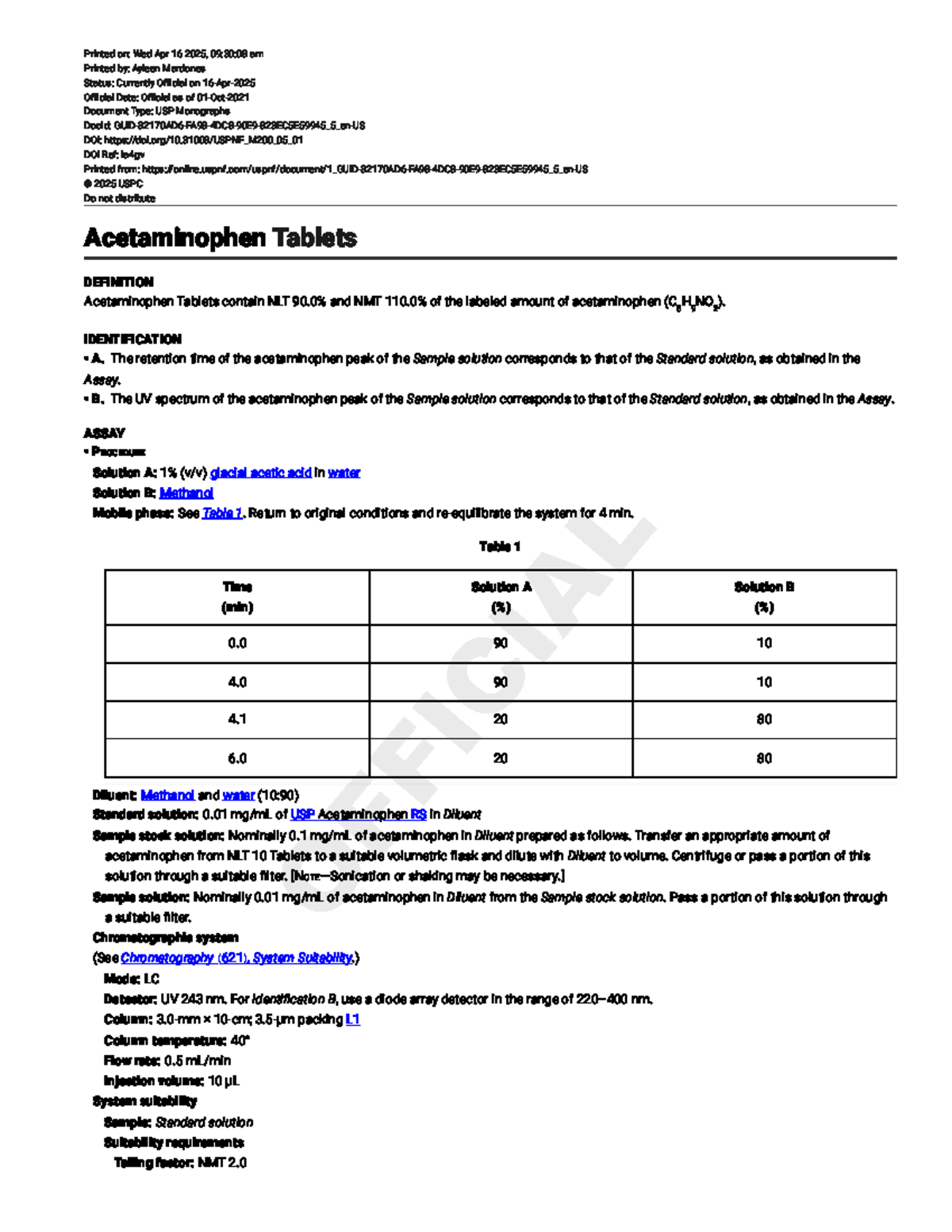 USP-NF Acetaminophen Tablets: Monograph and Assay Procedures - Studocu