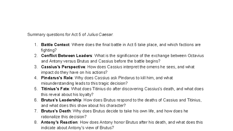 Julius Caesar (ENG 201) Act 5 Summary Questions & Analysis - Studocu