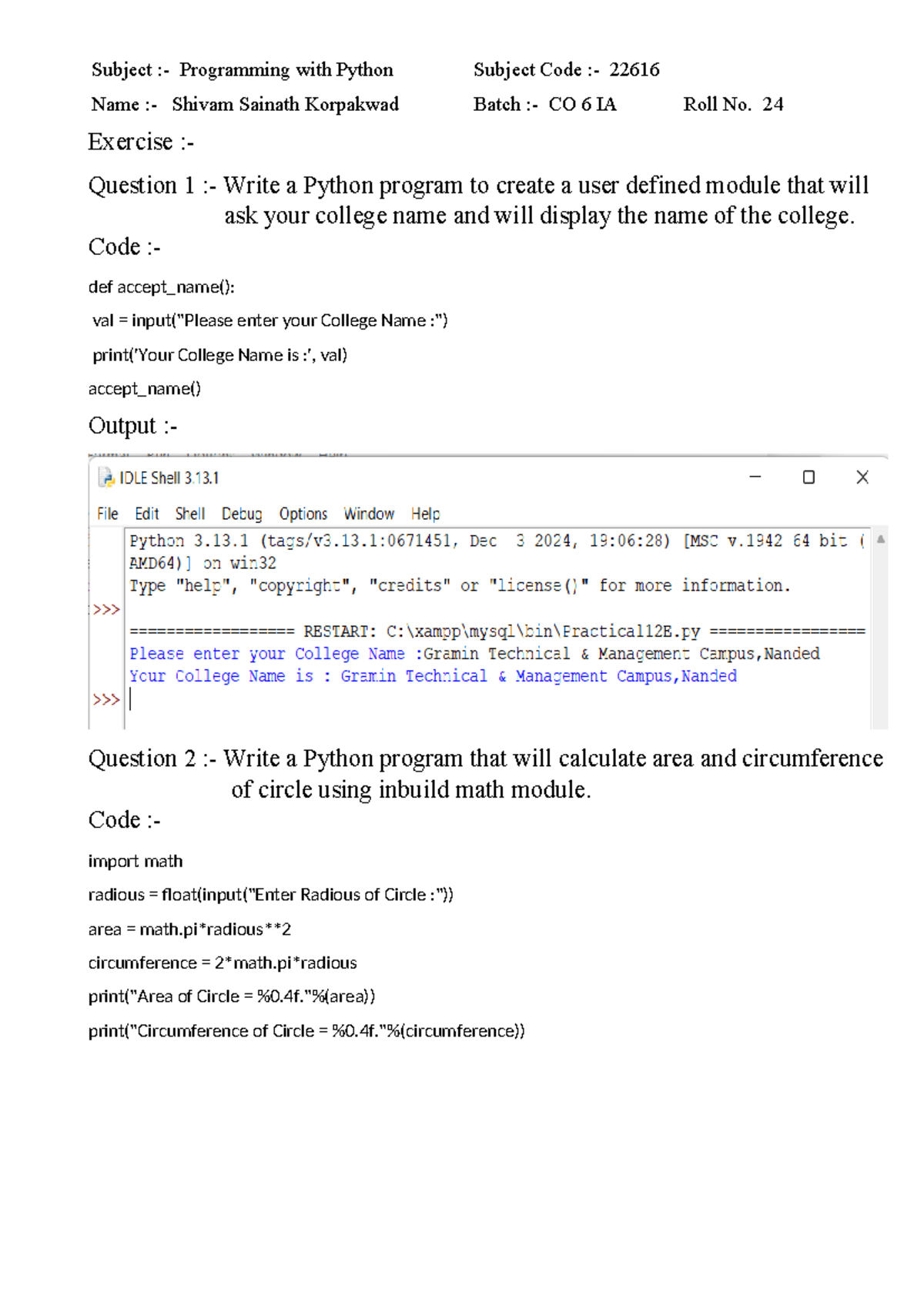 Practical No 12 Python Programming Exercises Code 22616 Studocu