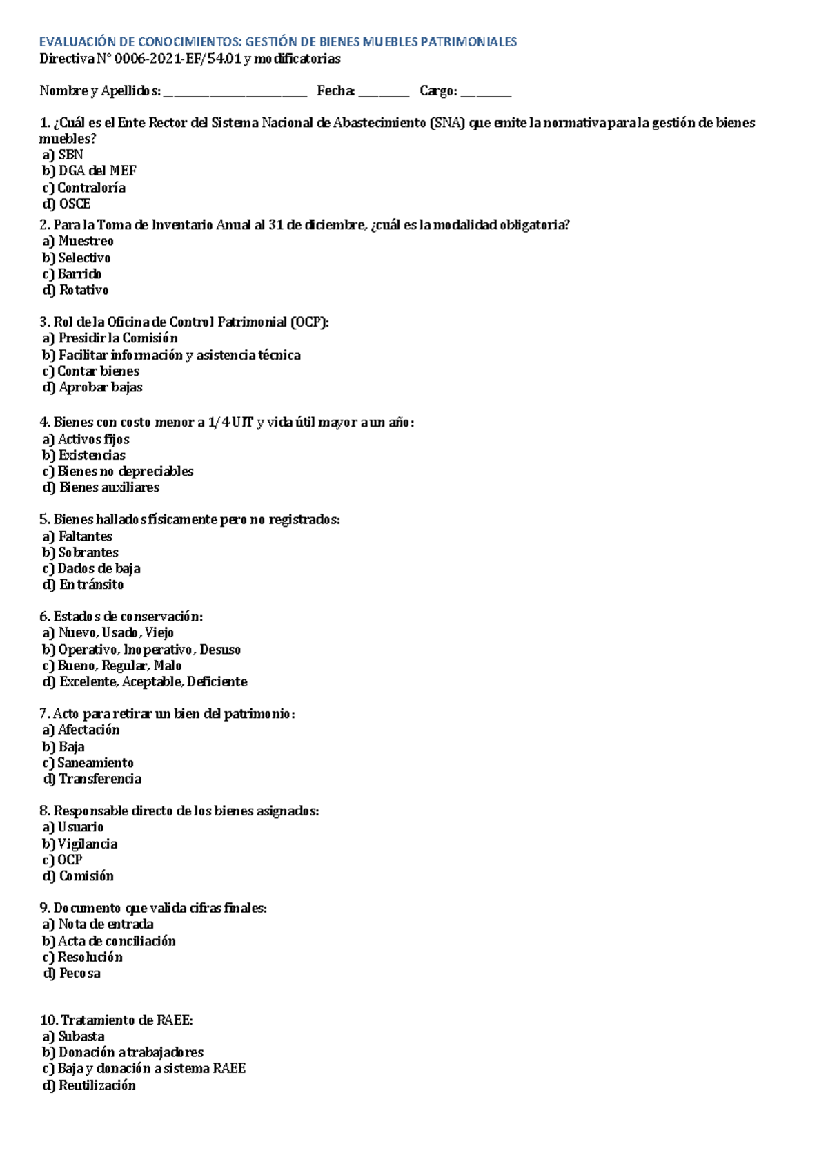 EVALUACIÓN DE CONOCIMIENTOS: TEST INVENTARIO BIENES MUEBLES - Studocu