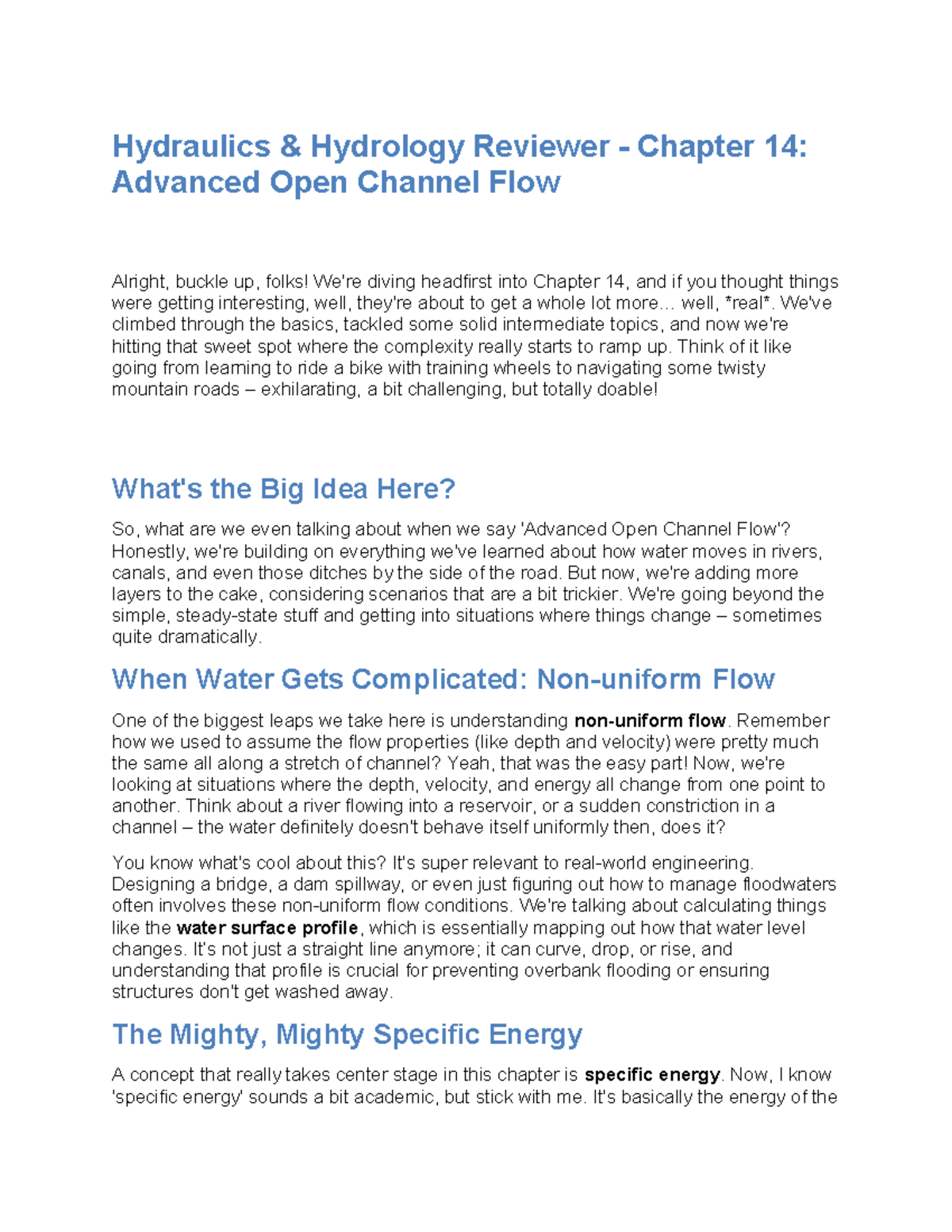 Hydraulics & Hydrology CH14 Review: Advanced Open Channel Flow - Studocu