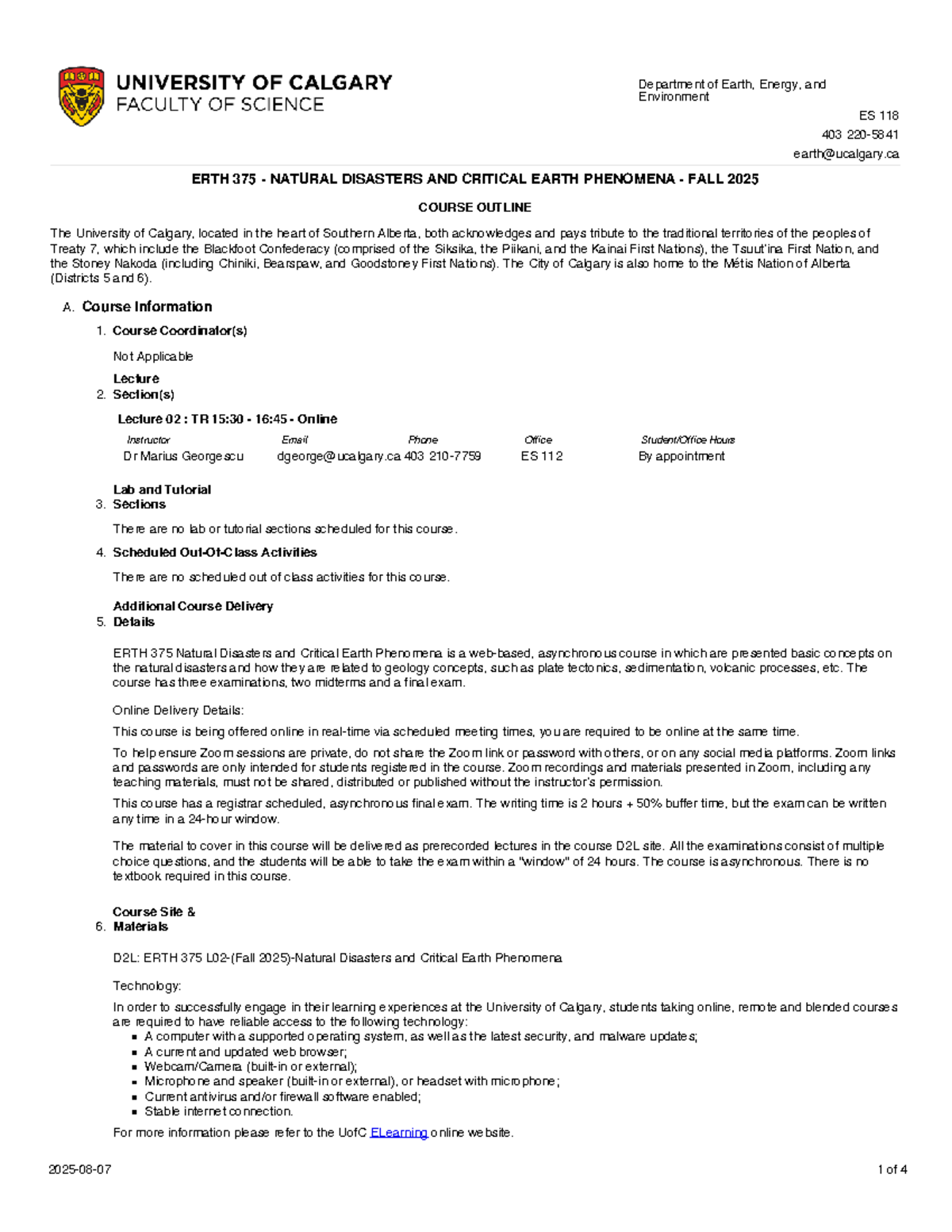 ERTH 375 Natural Disasters & Critical Earth Phenomena Syllabus Fall ...