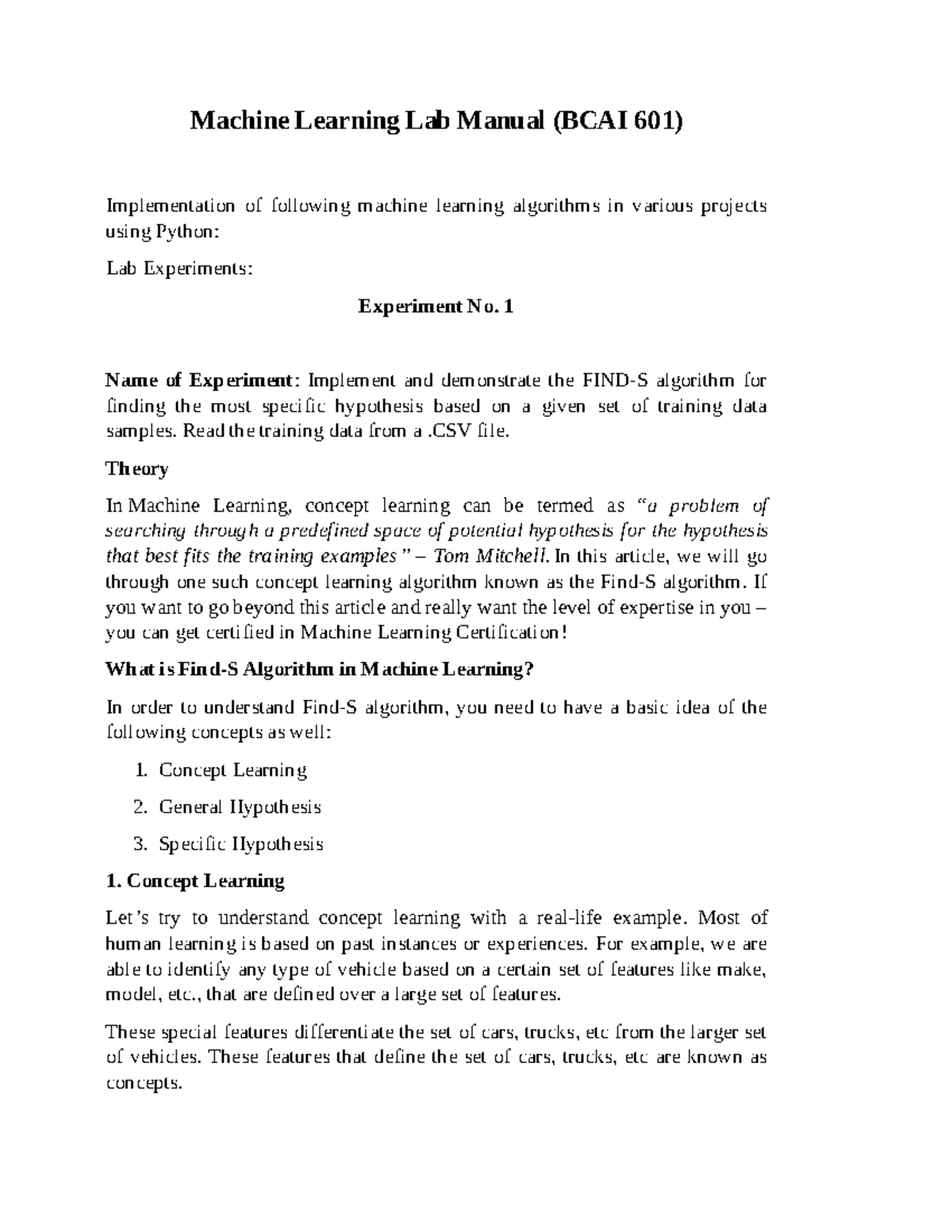 Machine Learning Lab Manual (BCAI 601): Concept Learning Algorithms in ...