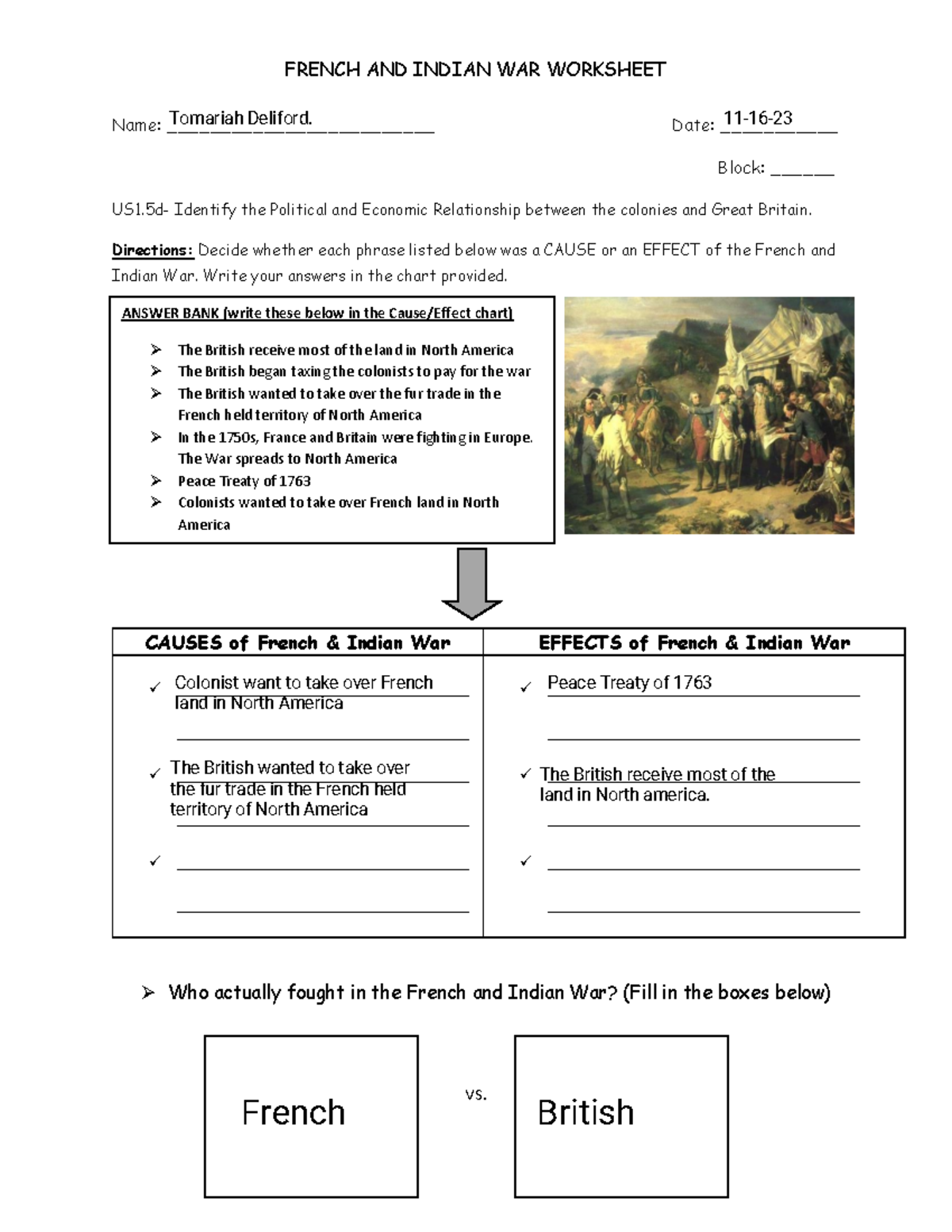 Ulcena's French & Indian War Worksheet Analysis for US1.5d - Studocu