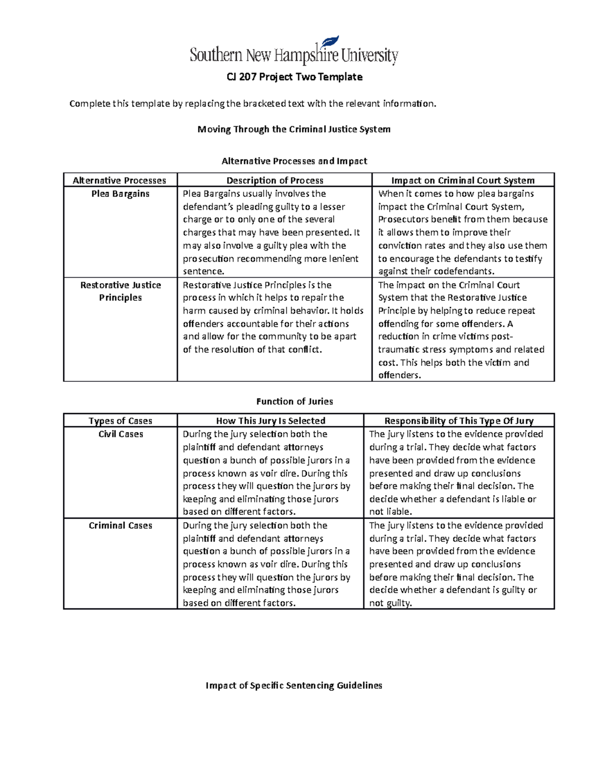 CJ 207 Project Two: Alternative Processes in the Criminal Justice ...