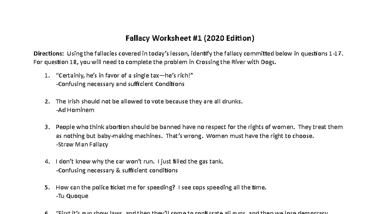 Fallacy Worksheet (2020 Ed.) - Identifying Logical Fallacies - Studocu