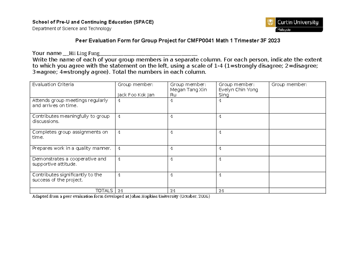 Peer Evaluation From Math 1 - School of Pre-U and Continuing Education ...
