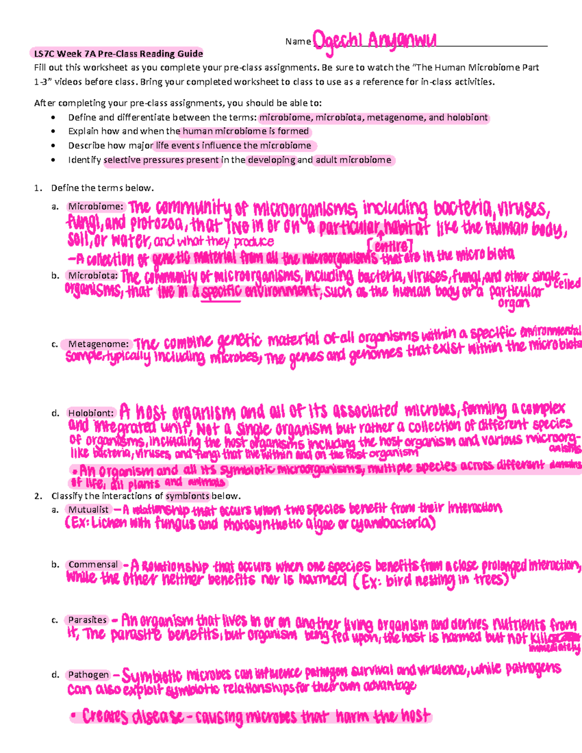 LS7C Week 7A Pre-Class Reading Guide on Human Microbiome Concepts - Studocu