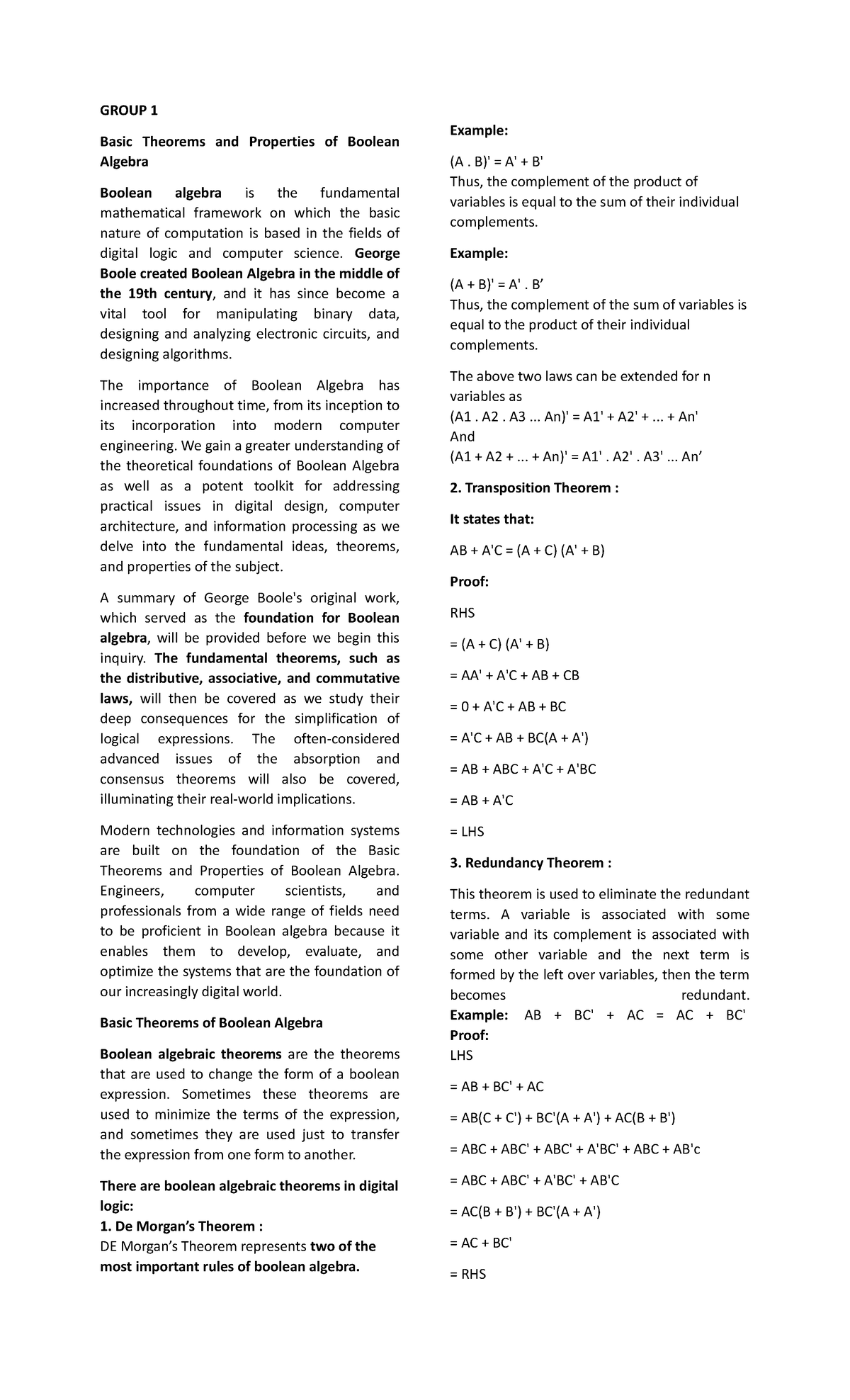 Logic reviewer - GROUP 1 Basic Theorems and Properties of Boolean Algebra Boolean algebra is the ...