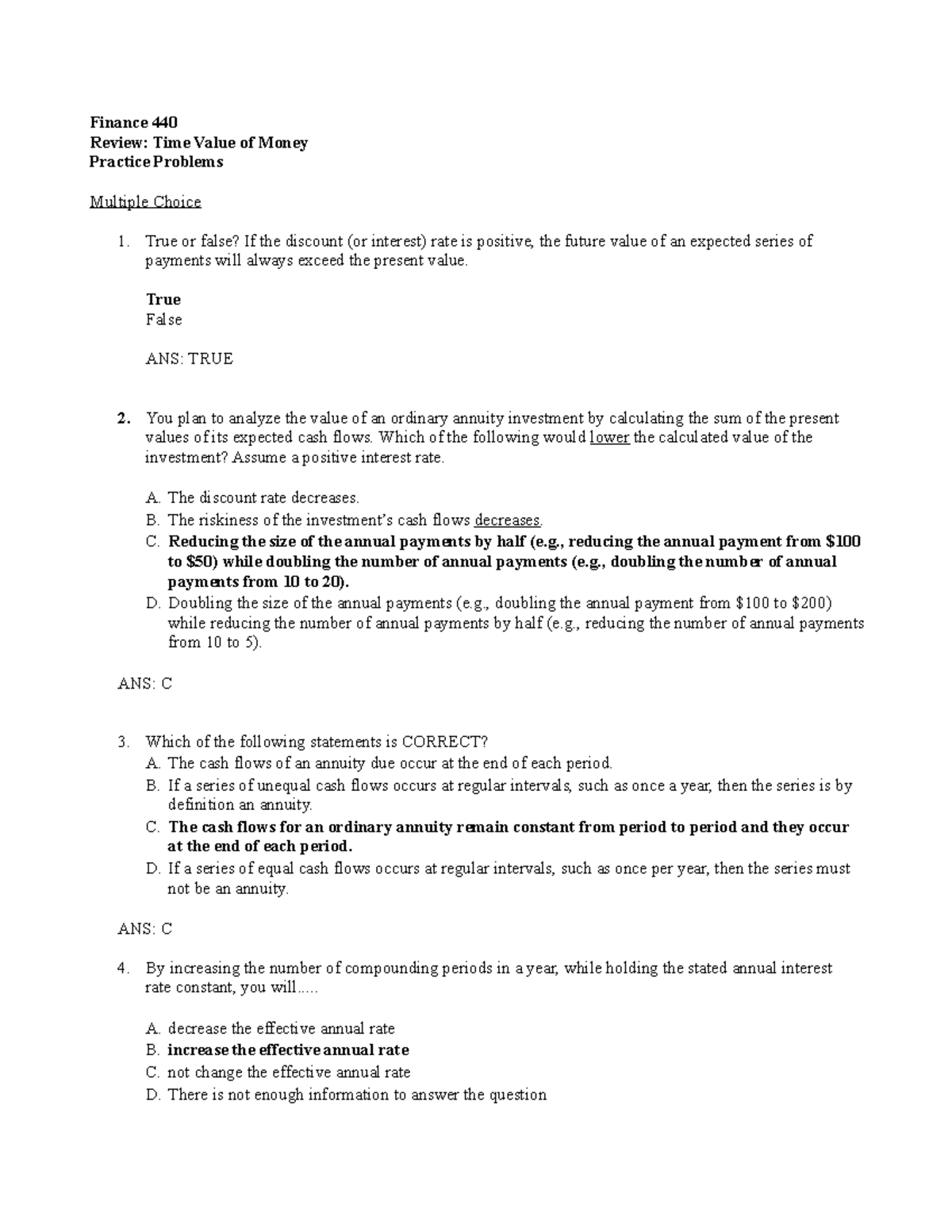 Time Value of Money Practice Problems and Solutions - Finance 440 ...