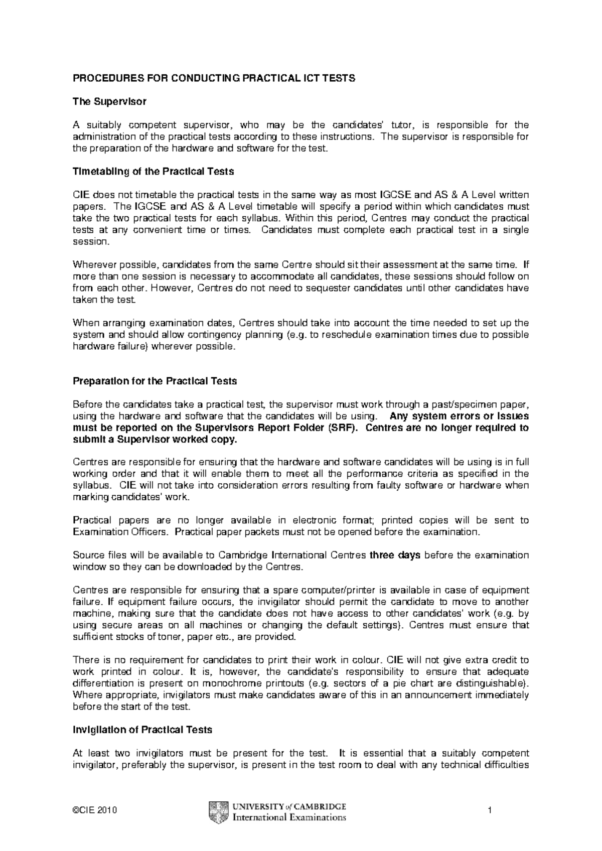 Procedures for Conducting Practical ICT Tests 0417 Supervisor ...