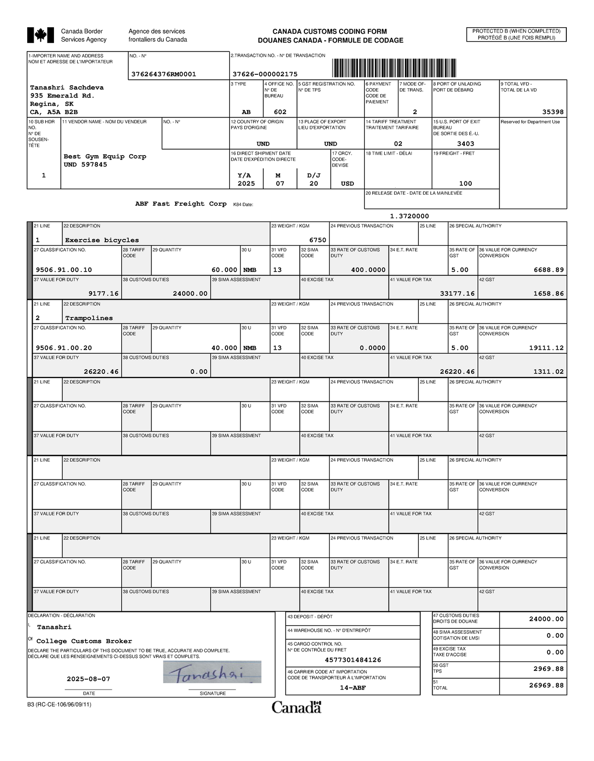 Canada Customs Coding Form - Transaction No. 2025-08-07 - Studocu