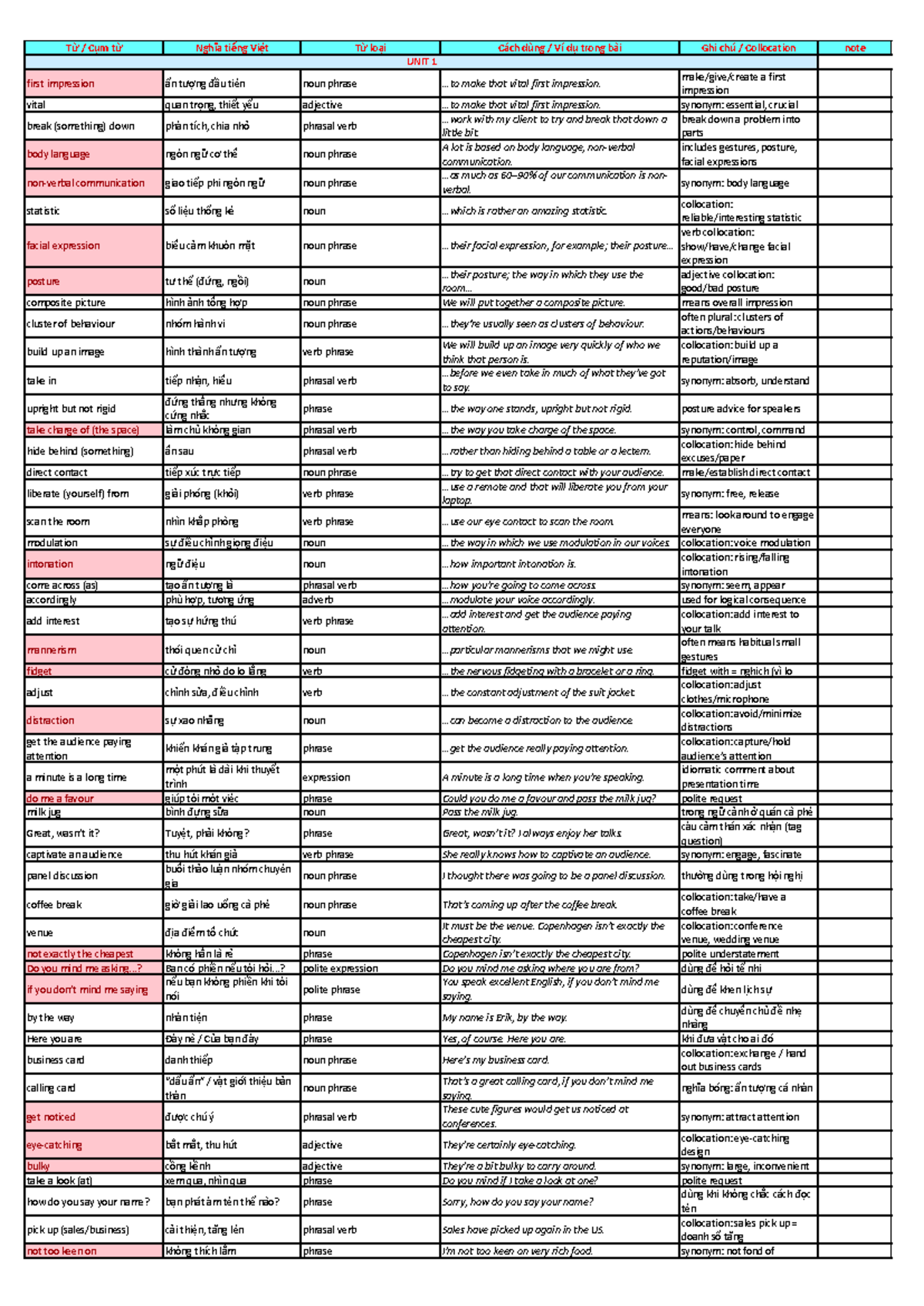 TỪ VỰNG - Practice Notes for UNIT 1: First Impressions and ...