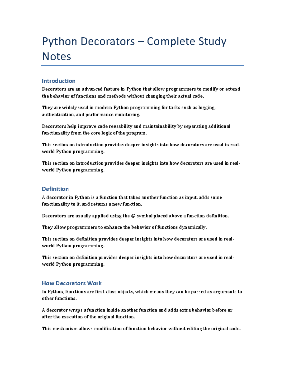 Python Decorators (CS101) Complete Study Notes & Examples - Studocu