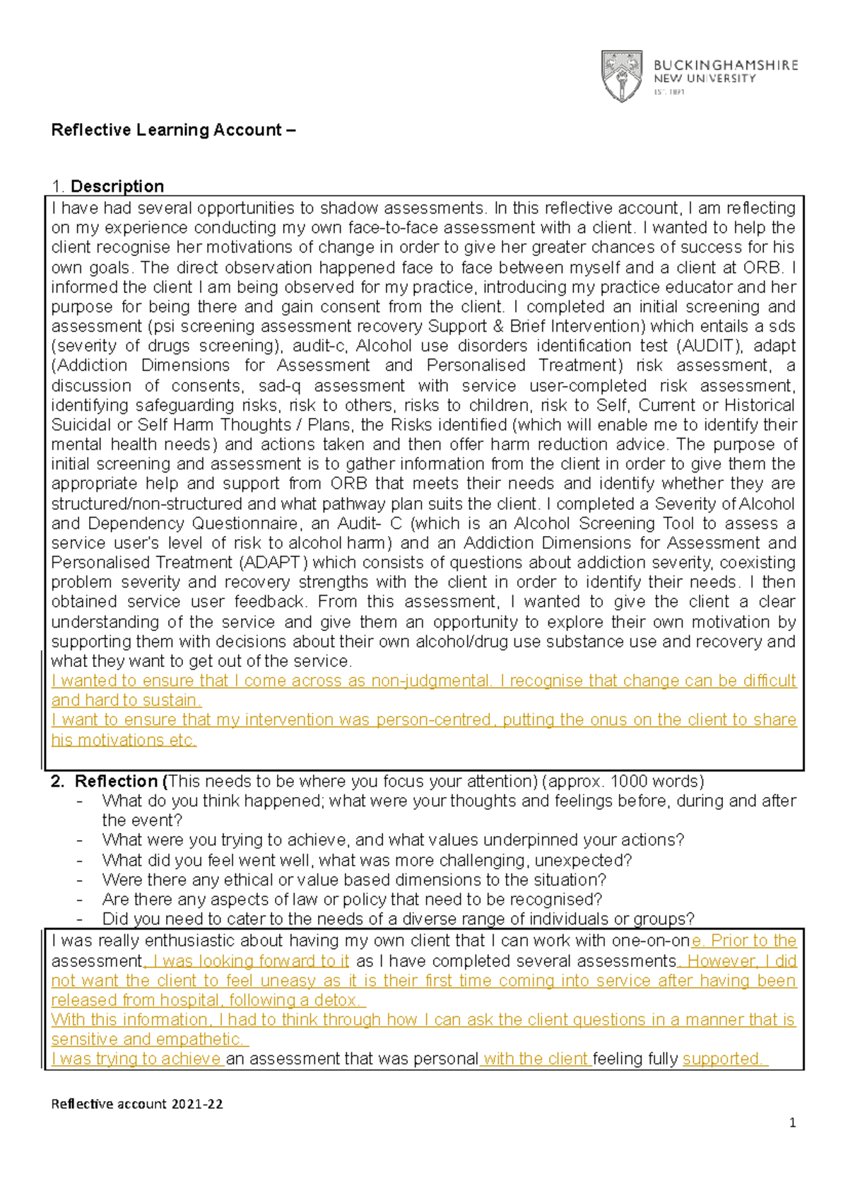 RA1 - Reflective Account on Face-to-Face Client Assessment Experience ...
