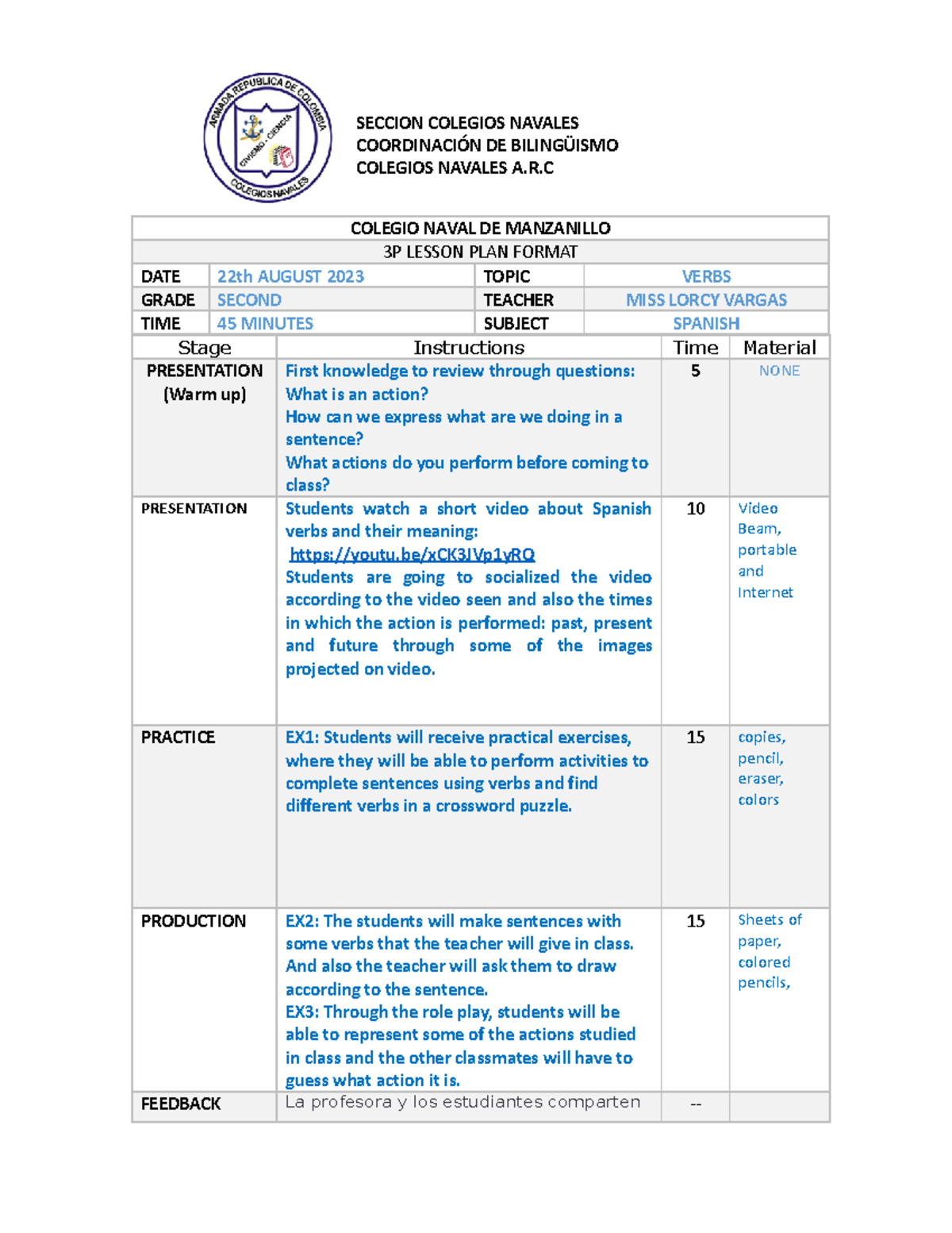 3P Lesson PLAN Format Example - SECCION COLEGIOS NAVALES COORDINACIÓN ...