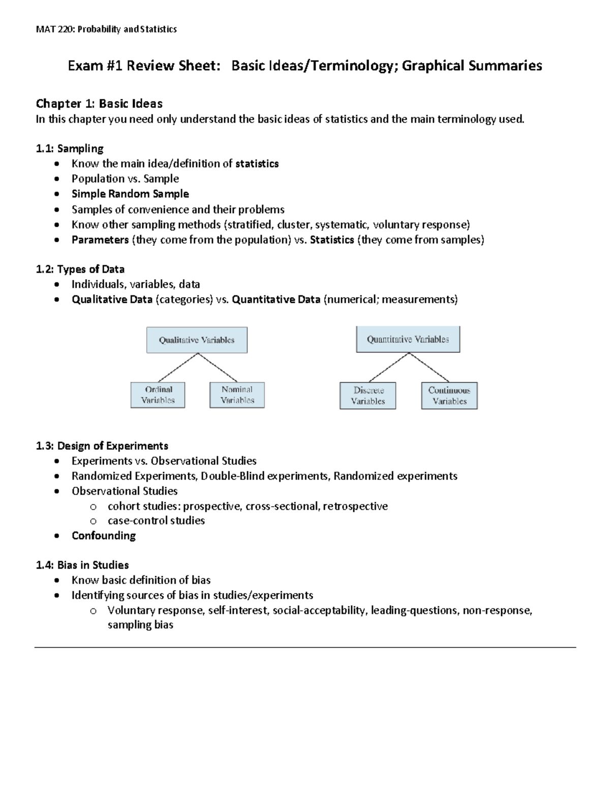 MAT 220: Probability and Statistics Exam #1 Review Sheet - Studocu
