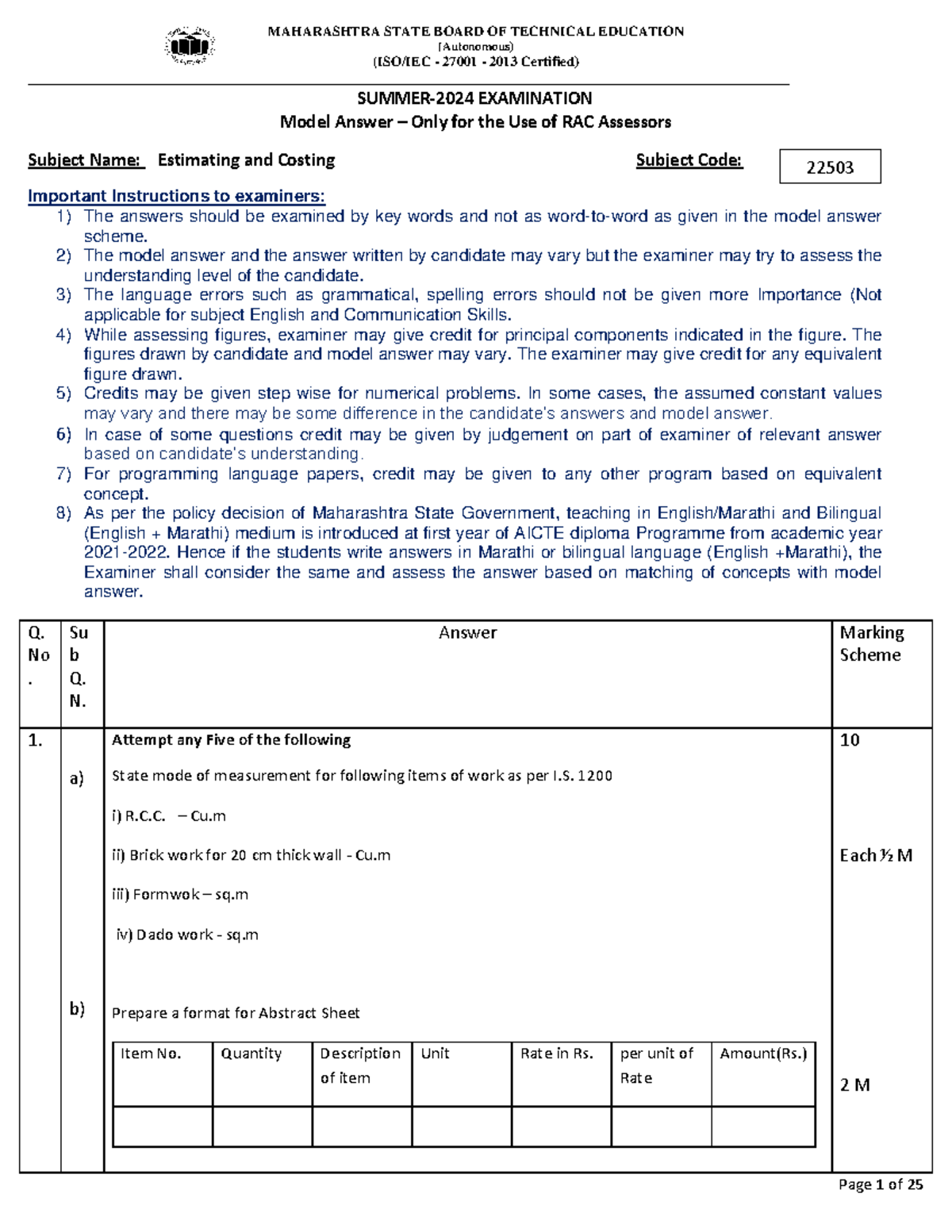 22503 - Estimating and Costing Model Answers for RAC Assessors - Studocu