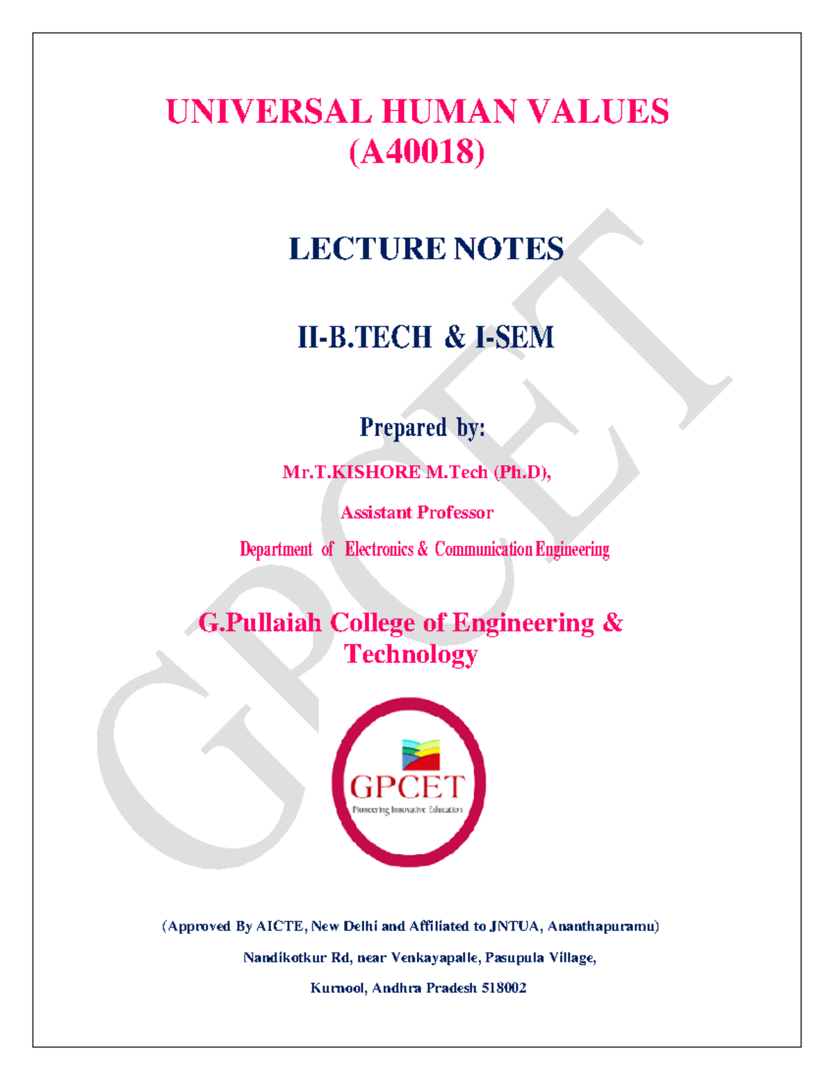 Lecture Notes on Universal Human Values (A40018) - Value Education Unit ...