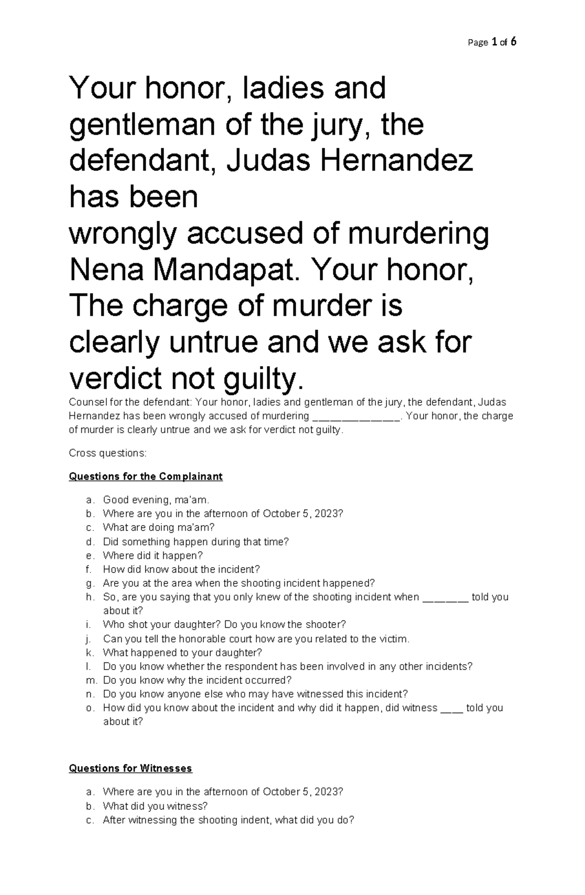 Mock trial murder 2024 - notes - Page 1 of 6 Your honor, ladies and ...