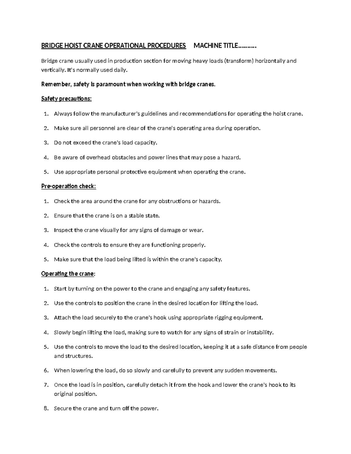Bridge Hoist Crane Operational Procedures: Safety & Guidelines - Studocu