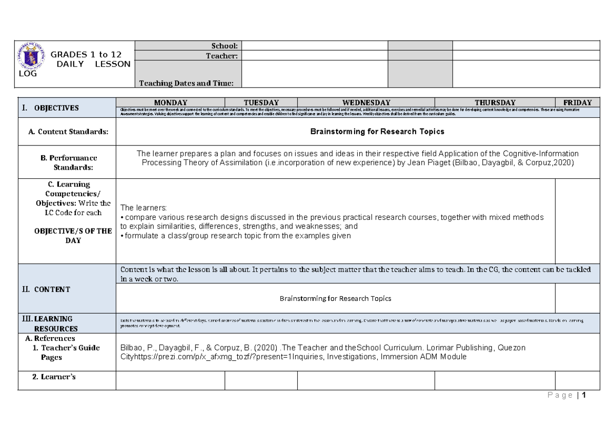 Grade 1-12 Daily Lesson Plan: Brainstorming Research Topics - Studocu