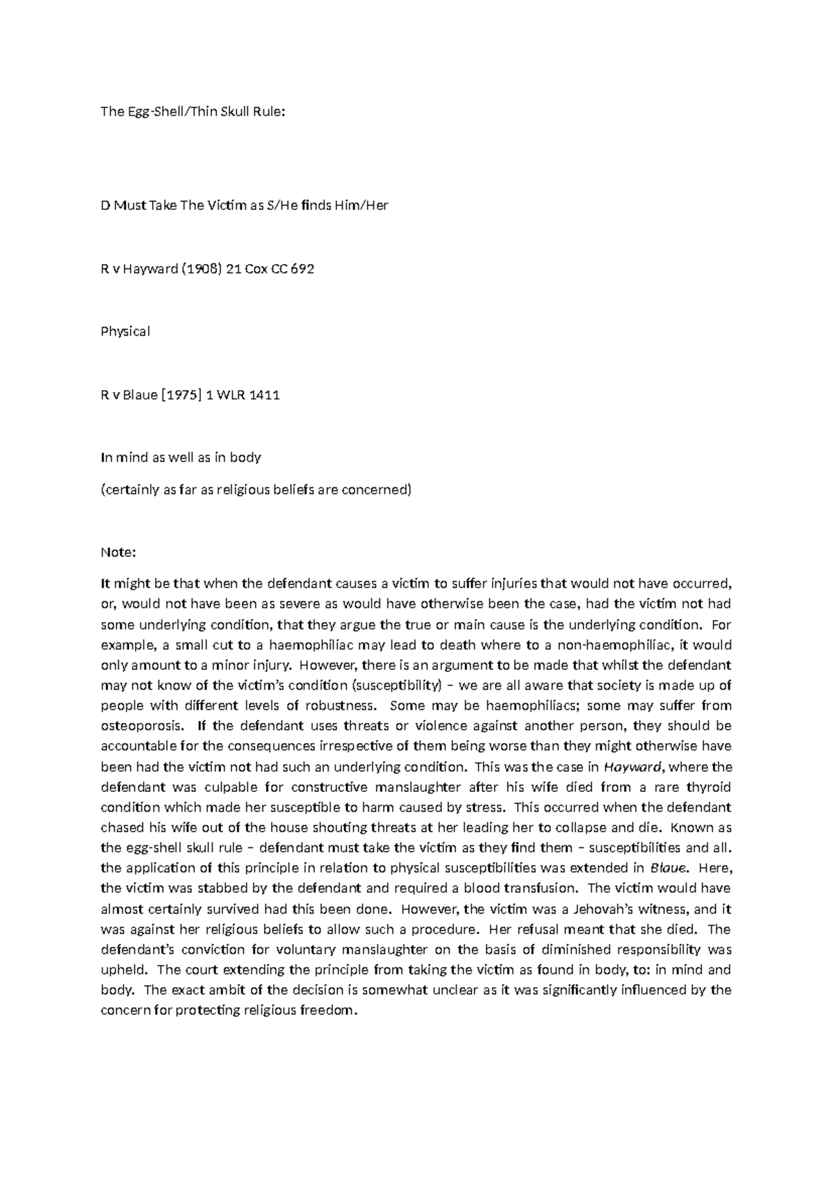 Egg Shell Skull Rule - Key Points & Case Summaries - Studocu