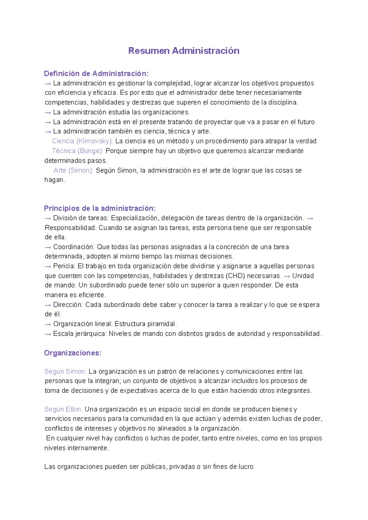 Resumen Administración 1er Parcial: Definición y Principios Clave - Studocu