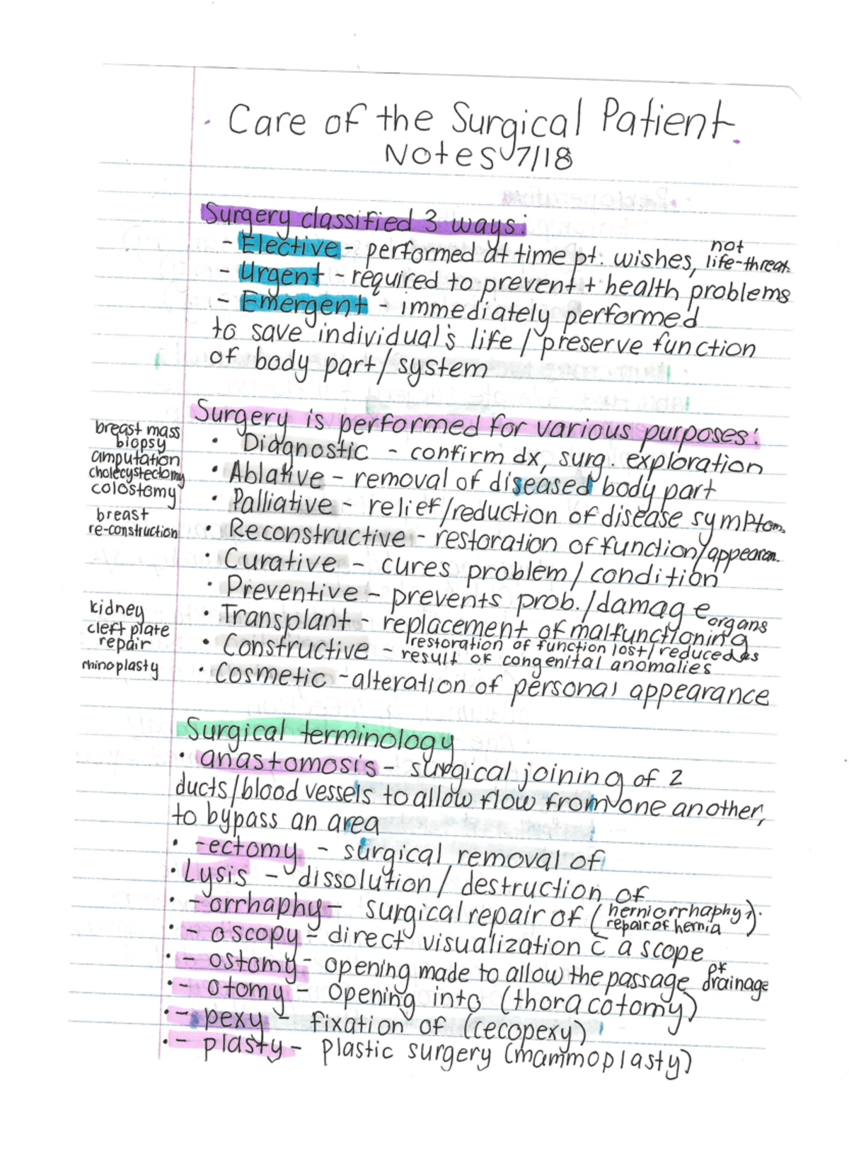 Med Surg Ch 42- Care of the surgical patient - Identify the purposes of ...