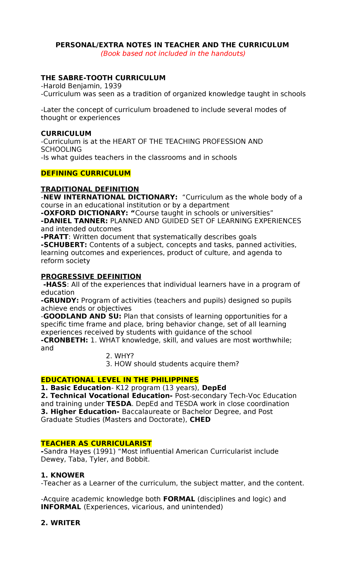 Personal Notes IN Teacher AND THE Curriculum BOOK Based - PERSONAL ...