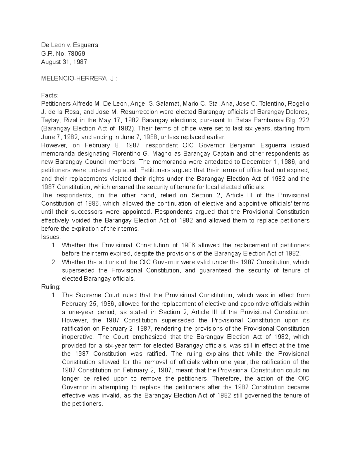 De Leon v. Esguerra G.R. No. 78059 - Case Digest Analysis - Studocu