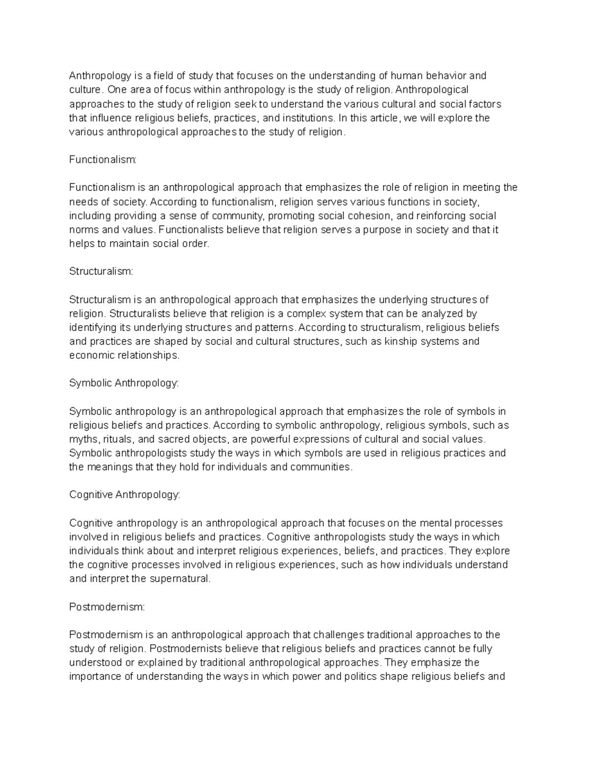 Anthropological approaches to the study of religion - Anthropology is a ...