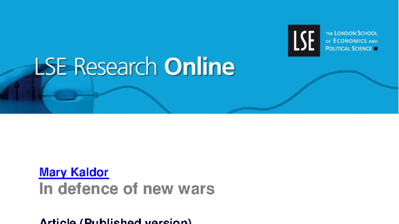 LSE - Article Review: Kaldor's "In Defence of New Wars" (2013) - Studocu