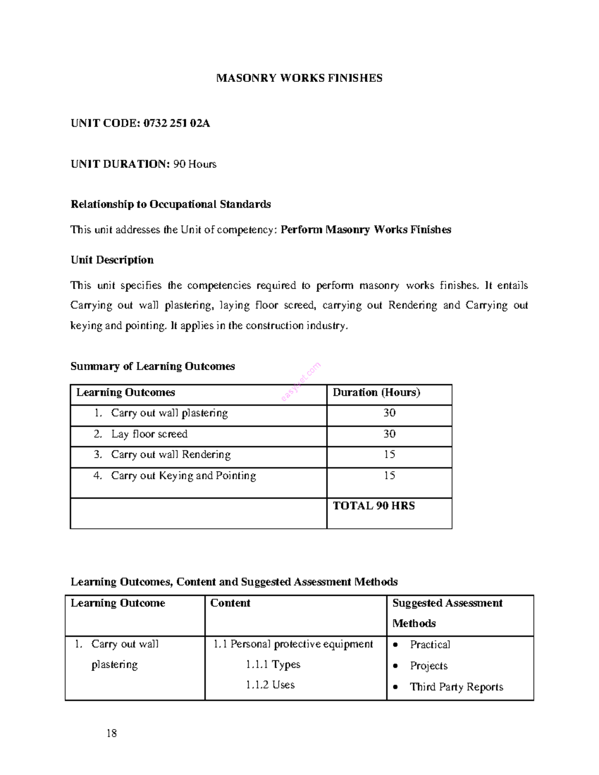 Masonry Works Finishes Curriculum - Unit Code: 0732 251 02A - Studocu