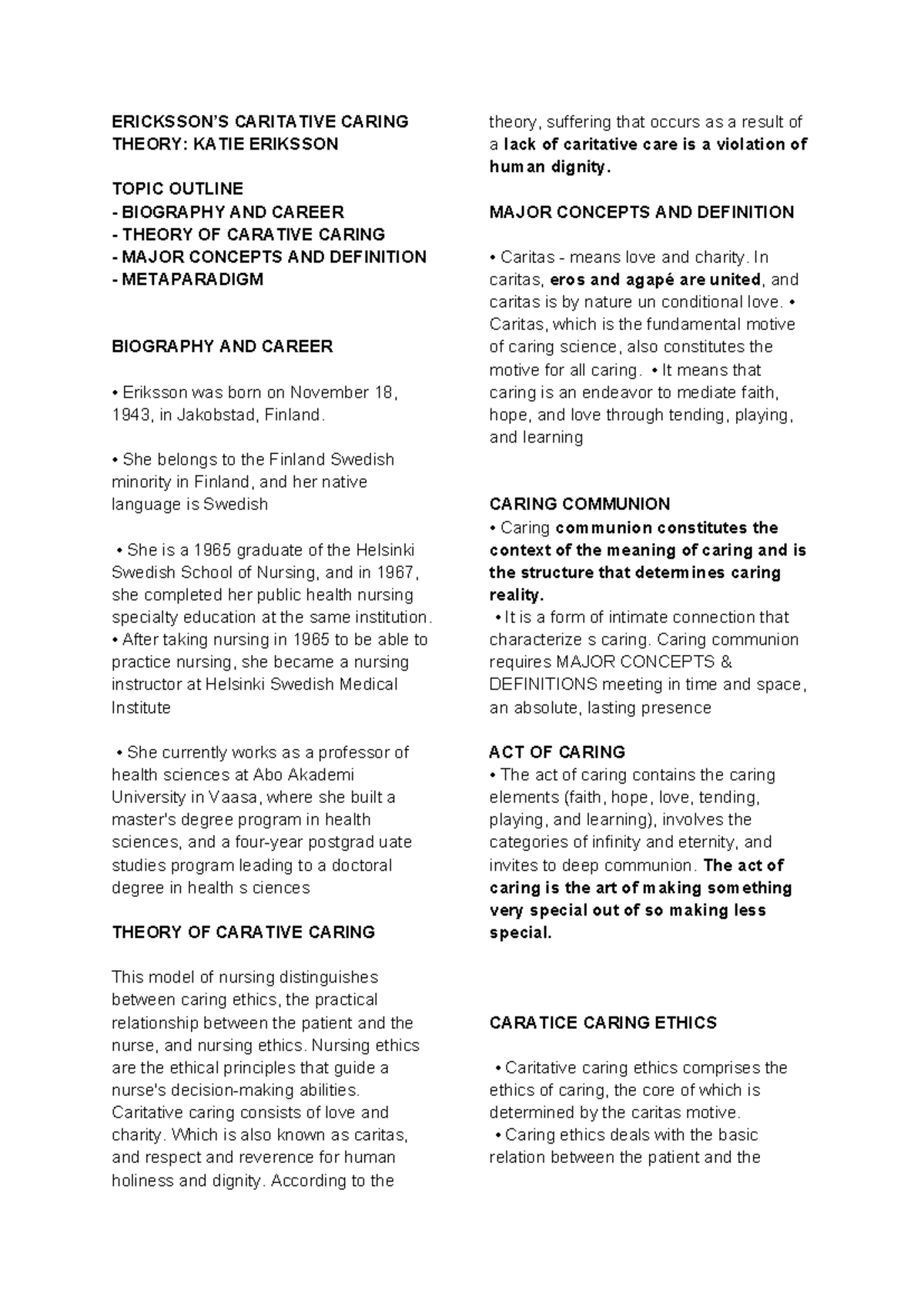 Eriksson's Caritative Caring Theory: Insights and Key Concepts - Studocu