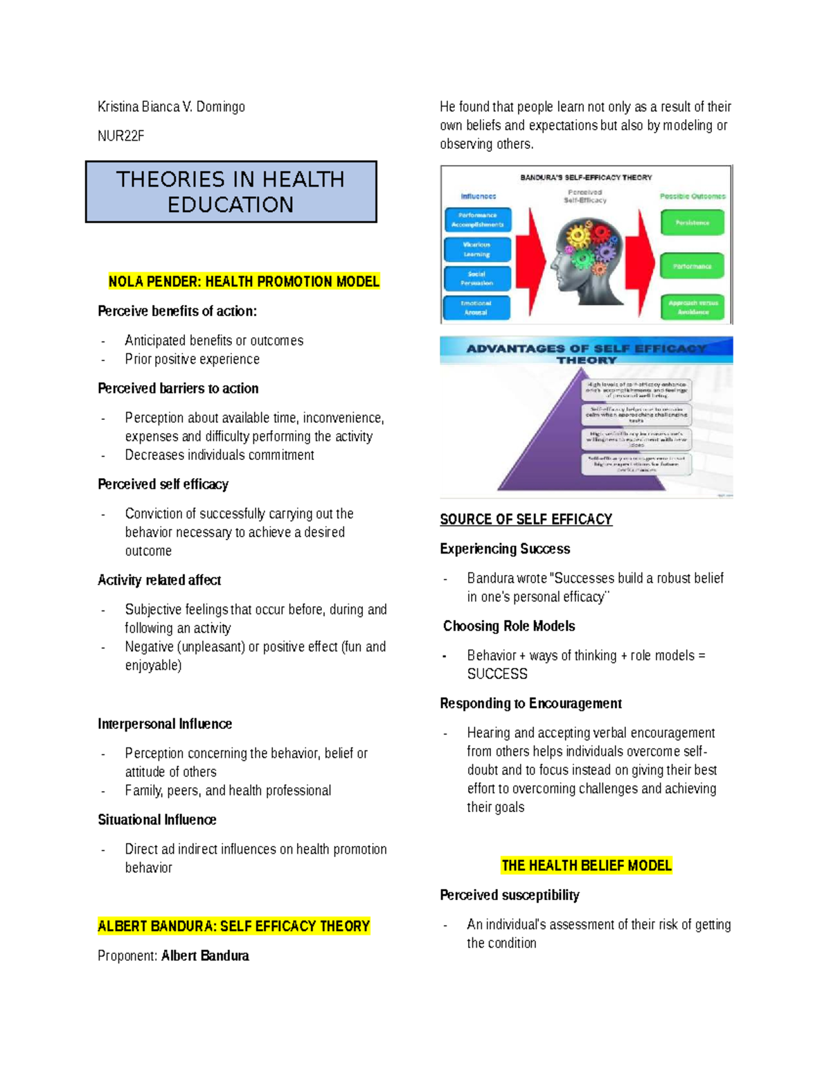 Theories in Health Education NUR22F: Key Models and Concepts - Studocu