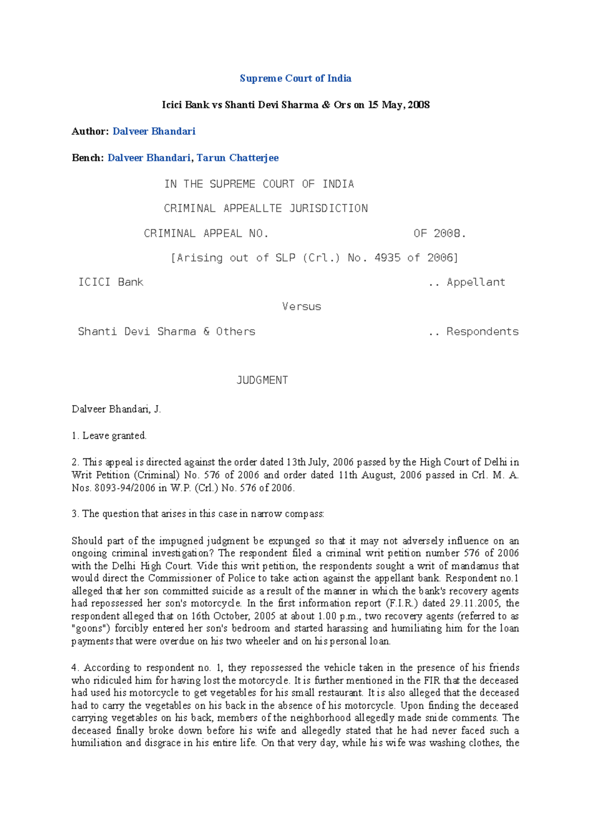 ICICI Bank vs Shanti Devi Sharma: Supreme Court Judgment Analysis - Studocu