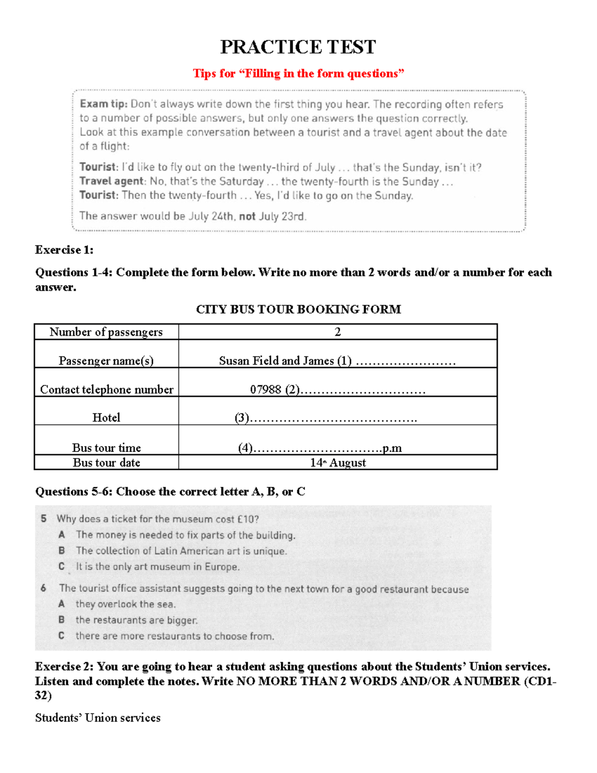 Practice TEST - fdsaf - PRACTICE TEST Tips for “Filling in the form ...