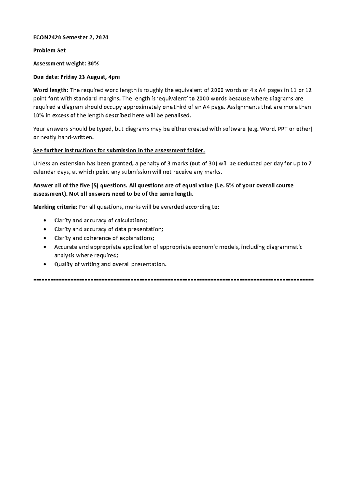 ECON2420 Problem Set for Semester 2, 2024: Detailed Questions ...