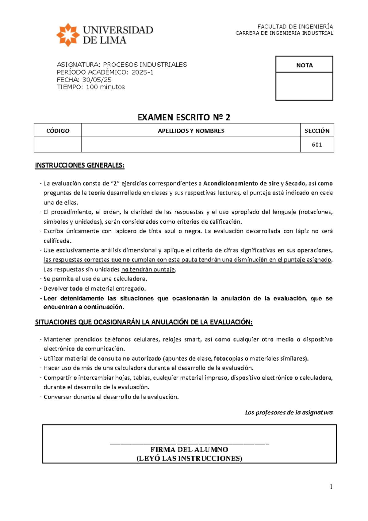 EE2 601 - Examen Escrito Nº 2: Procesos de Acondicionamiento y Secado ...