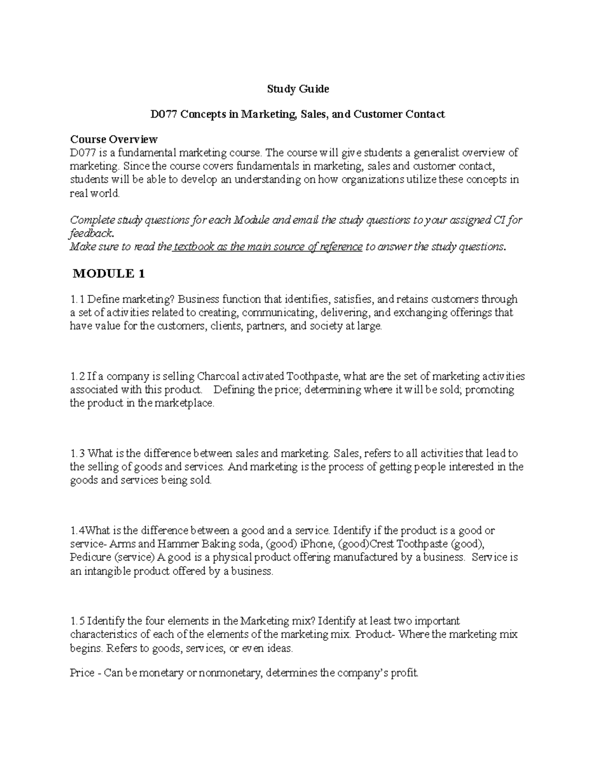D077 Study Guide: Concepts in Marketing, Sales & Customer Contact - Studocu