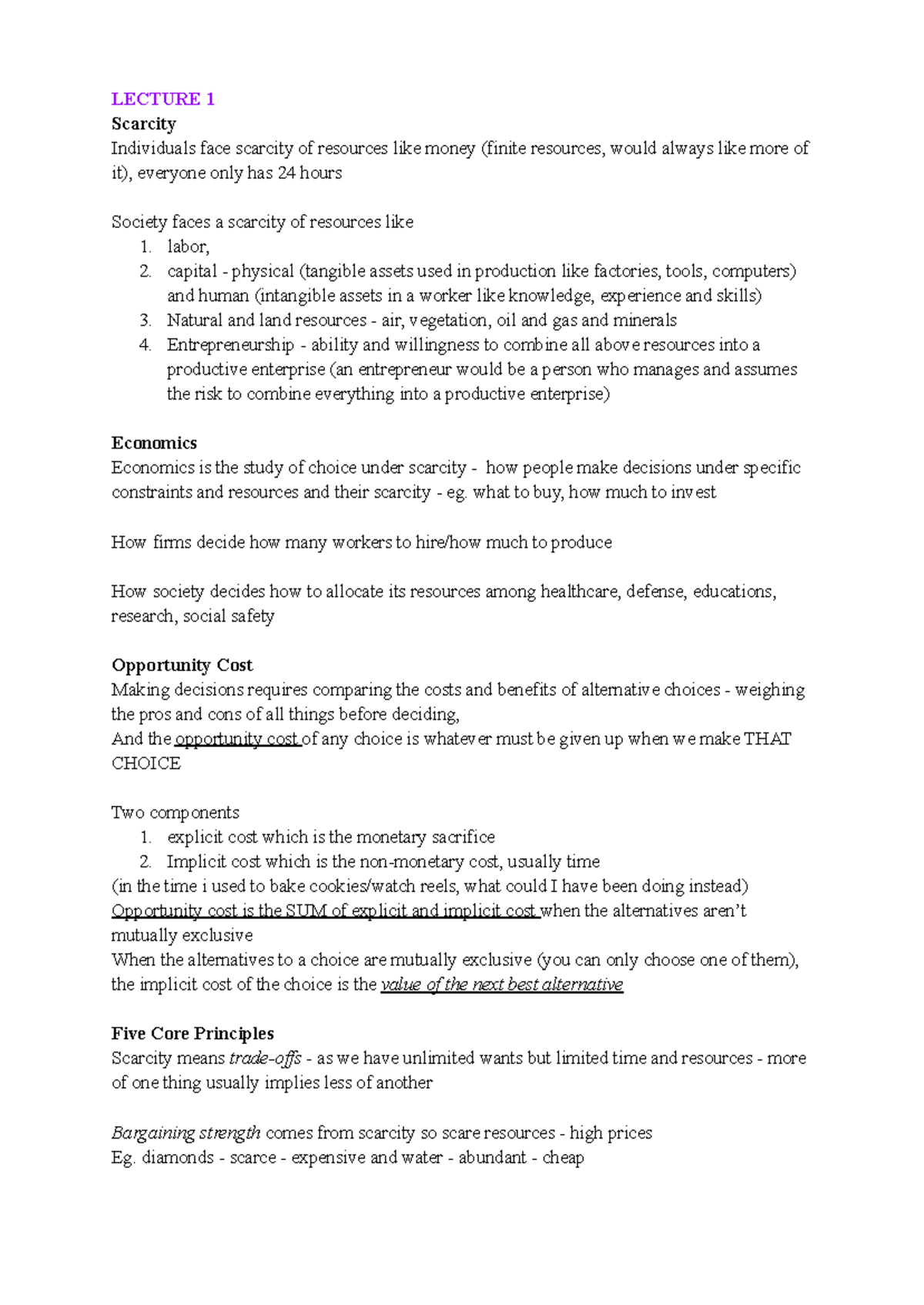 EC1101E LECTURE 1: Understanding Scarcity and Opportunity Cost - Studocu